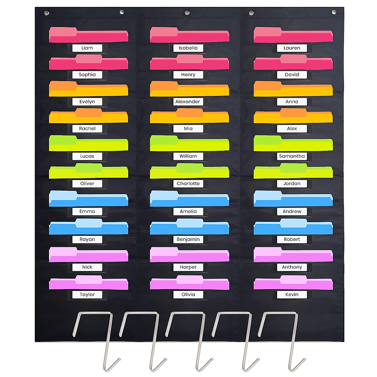 Black Pocket Chart for Classroom - 30 Pocket Storage Black Pocket Charts , 5 Over Door Hangers Included, Hanging Wall File Organizer for File Folders, School Mailbox, Home/Office Papers
