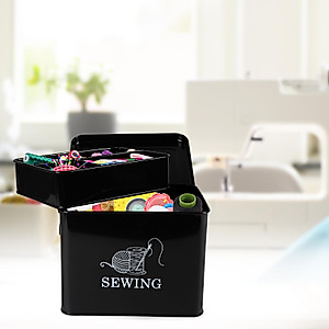 Xbopetda Metal Sewing Box, Sewing Kit Storage Box, 2-Tier Sewing Basket with Removable Tray, Sewing Supplies Organizer, Sewing Storage Box for Sewing Accessories, Scissor, Thread, Pins, Clips (Black)