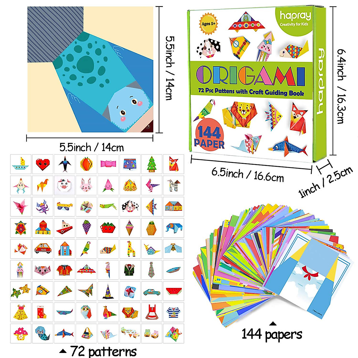 hapray Origami Kit 144 sheets Origami Paper for Kids 72 Patterns with Craft Guiding Book