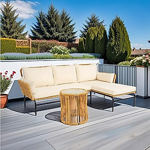 ojhnbvv 3 Pieces Outdoor Patio Wicker Furniture Sets Table and Chairs,L-Shaped Wicker Sectional Sofa with Glass Coffee Table/Detachable Cushion,for Backyard, Porch,Garden