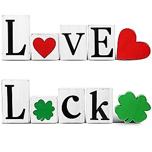 Glenmal 6 Pieces St. Patrick's Day Table Clover Signs Set Farmhouse St. Patrick's Day Wood Sign Double Side Four Leaf Clover Heart Block Wooden Luck Tiered Tray Decor for Kitchen Mantle Office Decor