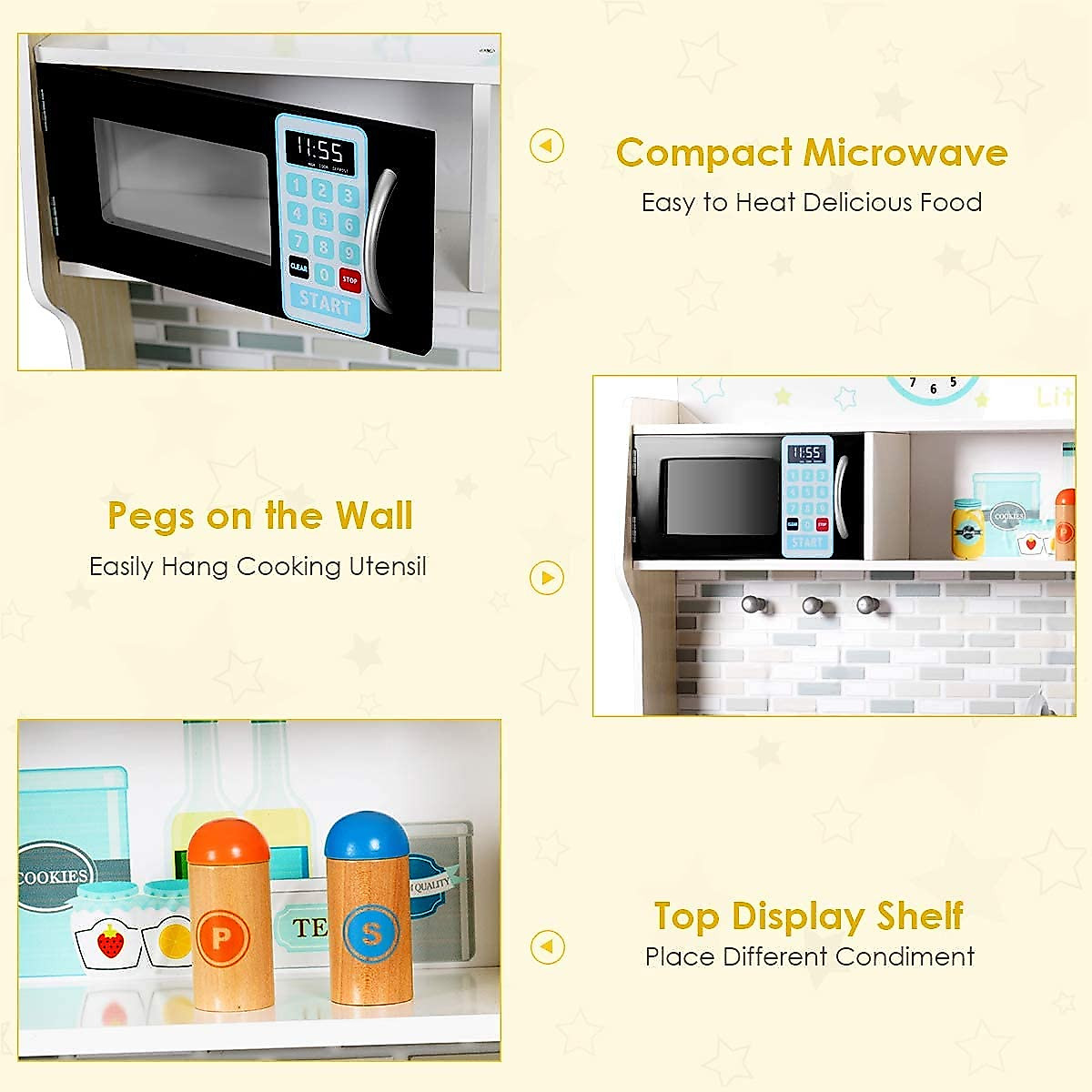 Fireflowery Kids Kitchen Playset, Wooden Cookware Set with Removable Sink, Microwave, Pegs on The Wall, Top Display Shelf, Play Kitchen for Toddlers 3+ (White)