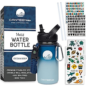 Canteenies Kids Water Bottle for School, 14 Oz, Straw Lid, Stickers, Vacuum Insulated Stainless Steel Double Walled, BPA Free Food-Safe, Leak-Proof Tumbler Travel Cup For Boys