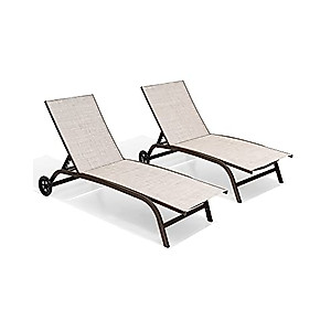 Crestlive Products Aluminum Chaise Lounge Chairs with Wheels Outdoor Adjustable Recliner Five-Position and Full Flat Tanning Chair All Weather for Patio, Beach, Yard, Pool (2PCS Beige)