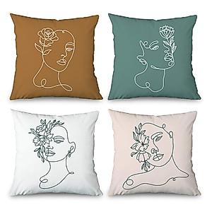 Toobaso Abstract Face Throw Pillow Covers Set of 4,Garden Bench Outdoor Pillow Covers 18x18,Modern Minimalist Line Art Women Home Decor Zippered Pillow Cases for Living Room Office Sofa