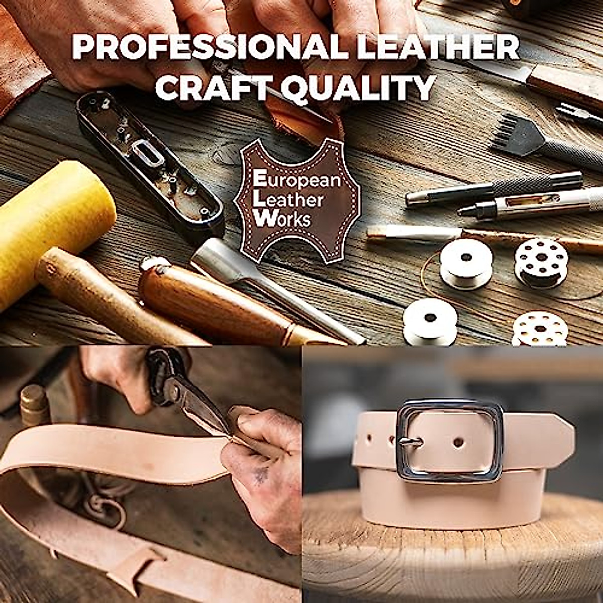 ELW Leather Blank Belt | 3-4 Oz. (1.2-1.6mm) Thickness | Size: 1-1/4"x40" (3.175x101cm) Cowhide Vegetable Tanned | Full Grain Strip, Strap | Ideal for DIY Belts for Tooling, Crafting & Stamping