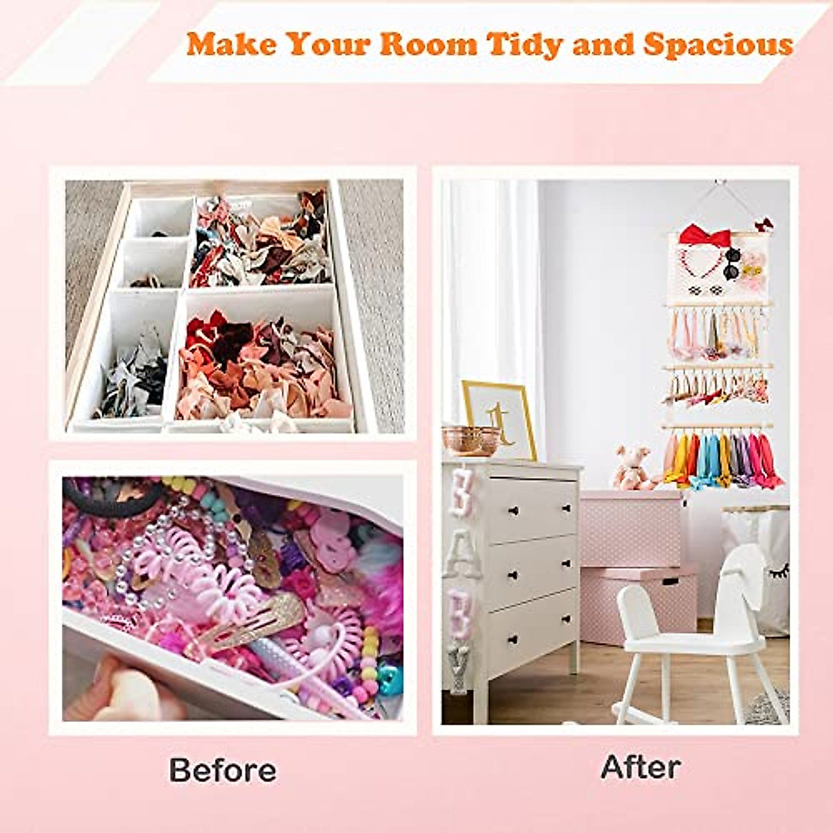 Samilcsp Bow Holder for Girls Hair Bows, Large Capacity Headband Organizer with a Storage Bag, Headband Hair Accessories Organizer Storage Display for Nursery Toddler Girls Room, Door, Closet, Wall