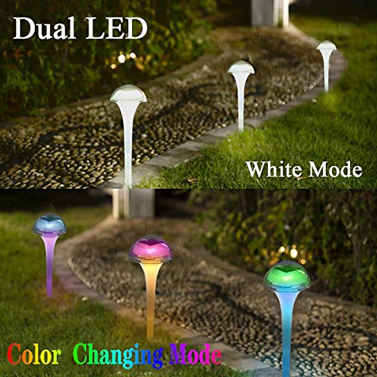 pearlstar Solar Lights Outdoor Mushroom Garden Pathway Lights LED Landscape Lighting Waterproof for Path Lawn Patio Yard Walkway Driveway, 2 Lights Effect,White&Color Changing Light(6pack)