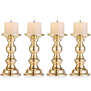 Set of 4 Gold Metal Pillar Candle Holders, Wedding Centerpieces Candlestick Holders for 2 inches Candles Stand Decoration Ideal for Weddings, Special Events, Parties