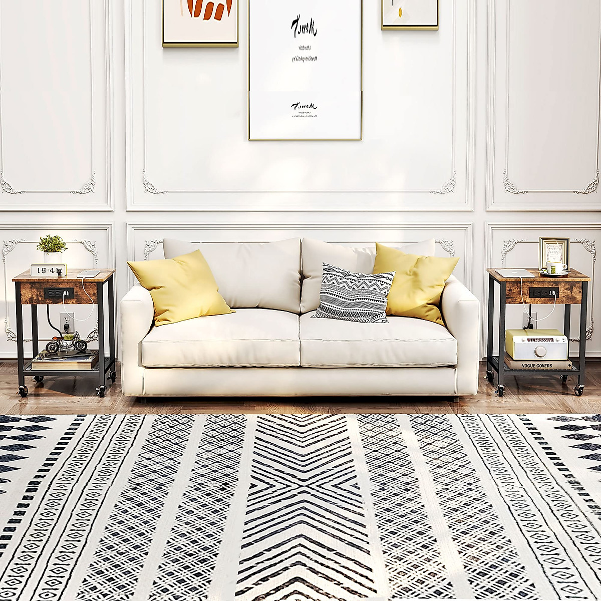 TC-HOMENY End Table Set of 2 with Charging Station & USB Ports, Side Table with Wheels & Storage Shelf Nightstand for Living Room Bedroom