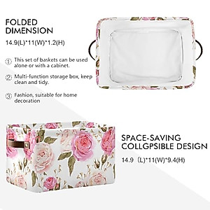 susiyo Large Foldable Storage Bin Floral Pink Roses Fabric Storage Baskets Collapsible Decorative Baskets Organizing Basket Bin with PU Handles for Shelves Home Closet Bedroom Living Room-1Pack