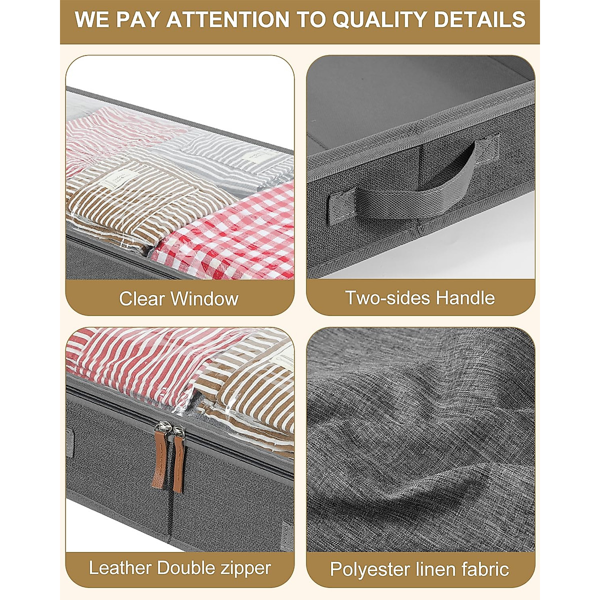 NEATJELAI 2-Pack Under Bed Storage Containers,4.7 Inches Low Profile Underbed Storage Organizer Bin Foldable with Sturdy Sidewalls/Bottom/4 Handles for Clothes Blanket Pillows Shoes,Gray