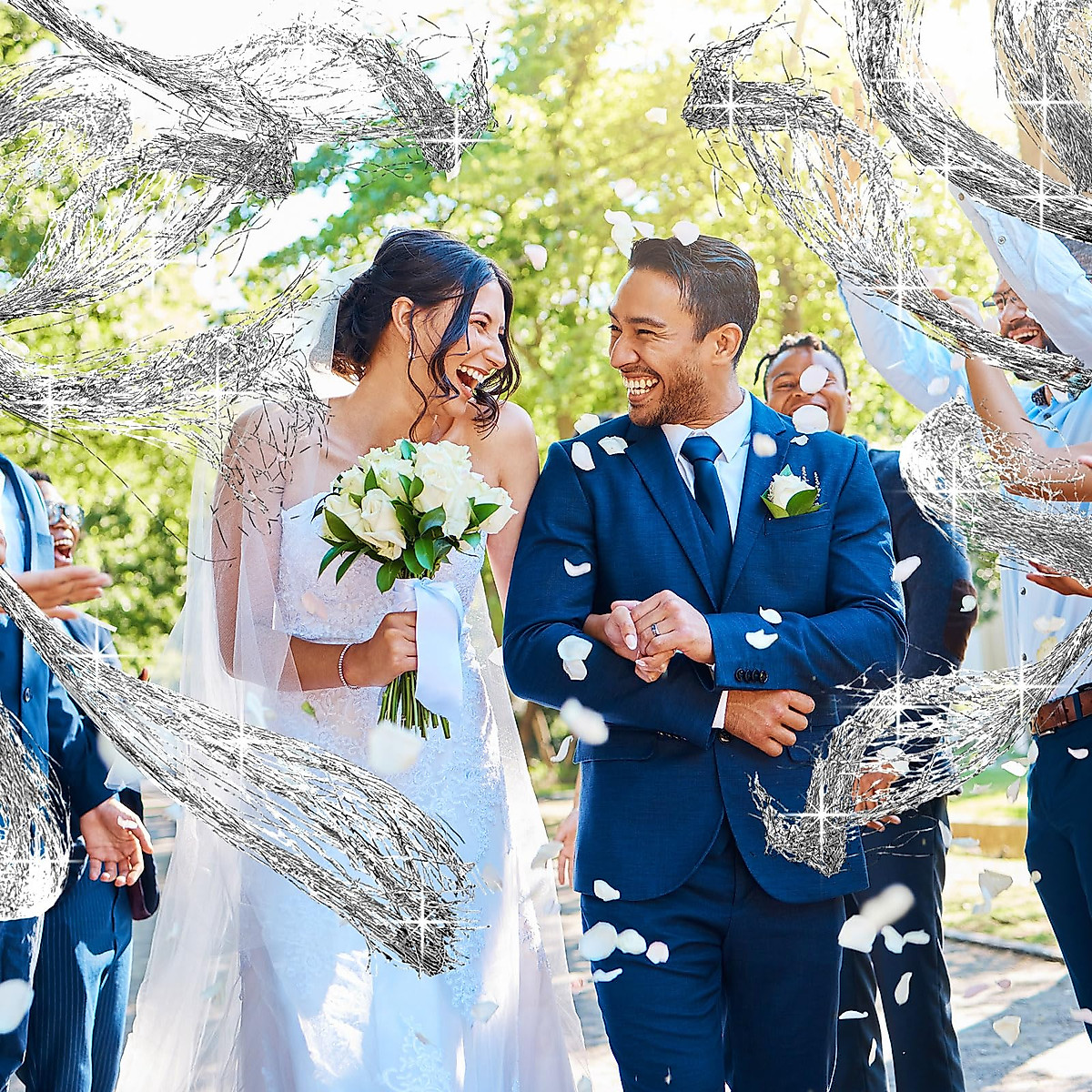 Motionchic 100 Pcs Wedding Wands Bulk 35.4 Inches Long Metallic Foil Christmas Tinsel Sticks with Bells Glitter Foil Tinsel Streamers for Bridal Wedding Send Off Ideas Celebration Supplies(Silver)