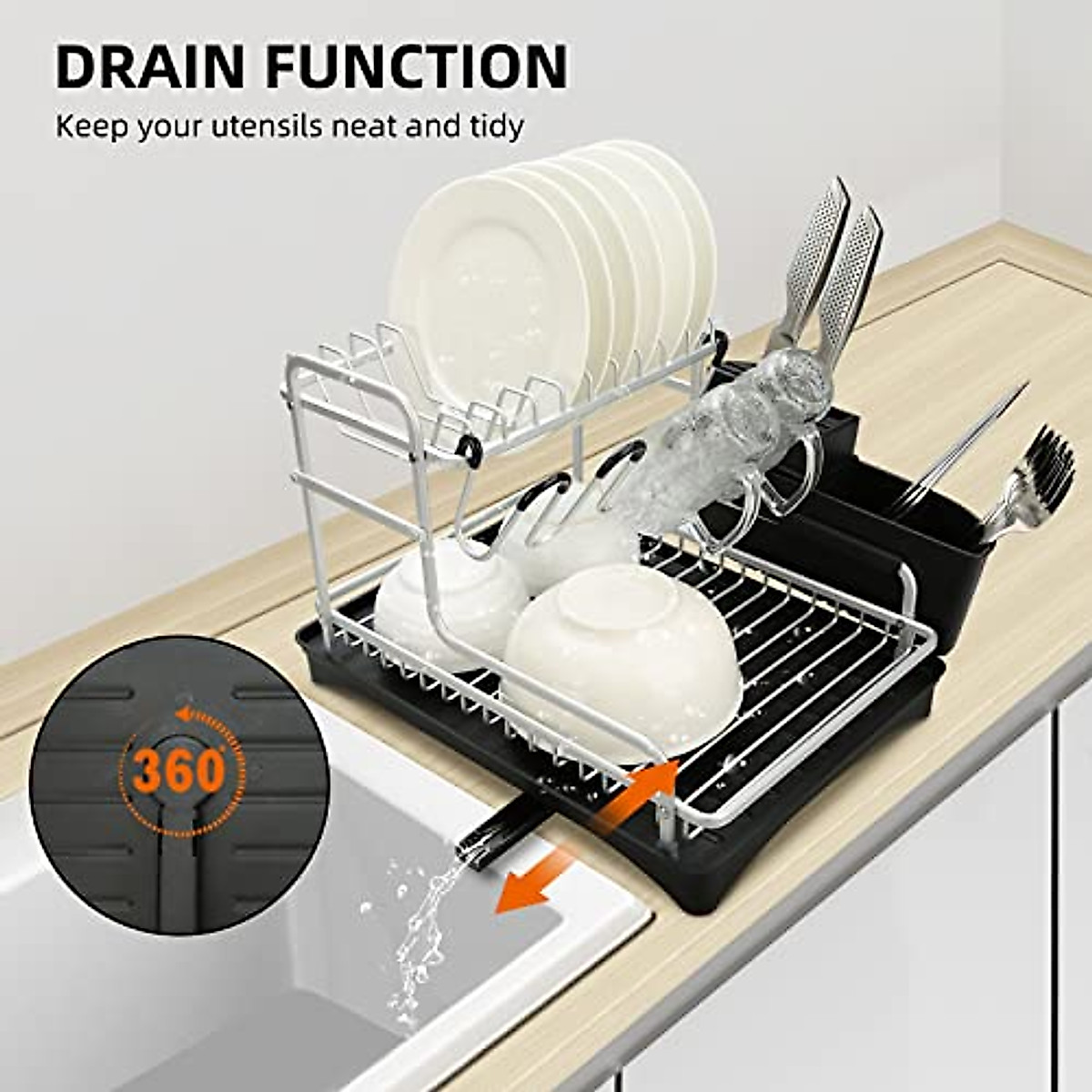 IKAYAA 2-Tier Dish Drying Rack, Dish Rack and Drainboard Set with Swivel Spout, with Cup Holder, Premium Aluminum, for Small Kitchen Countertop, Black Tray + Silver Frame