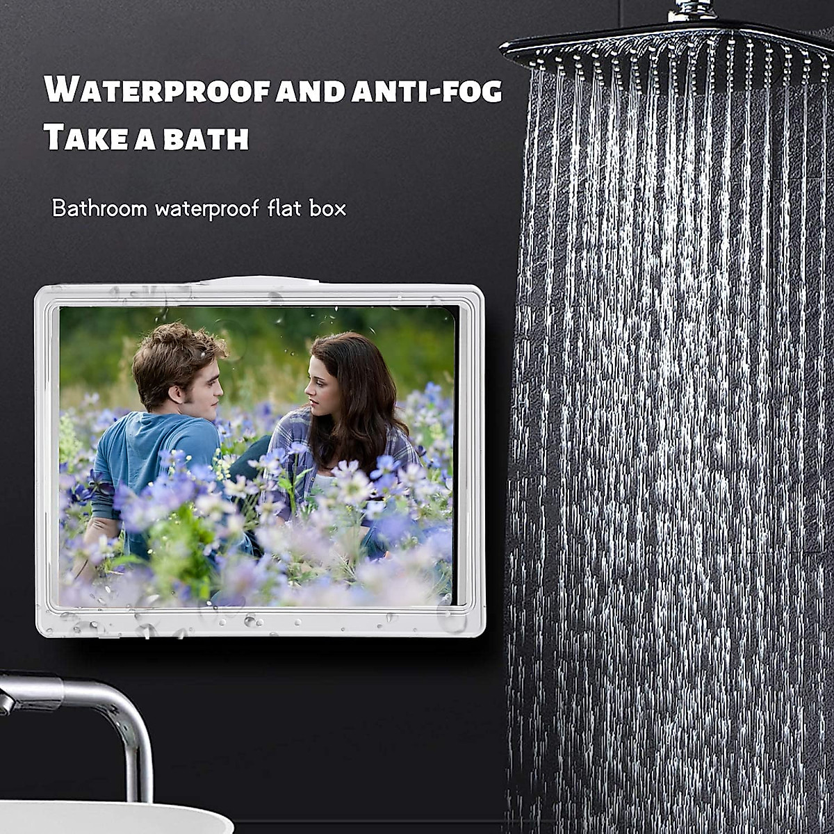 ABHILWY Shower Tablet Holder Waterproof Compatible with Ipad, Wall Mounted Bathroom Tablet Case Rotation, Adhesive Touchable Cradle with Glass Mirror Anti-Fog Screen for Kitchen 11 inches White