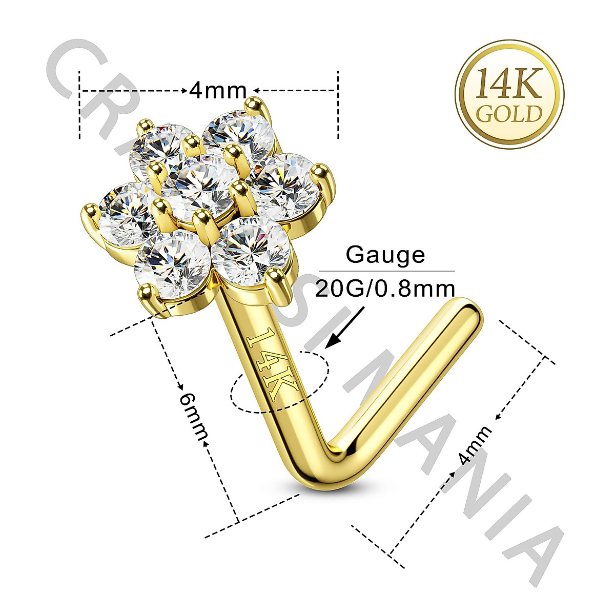 CM Crareesi Mania 14K Real Gold Nose Rings 20G Nose Piercing Jewelry Flower Nose Rings Studs L-Shaped Solid Yellow Gold Nose Rings for Women