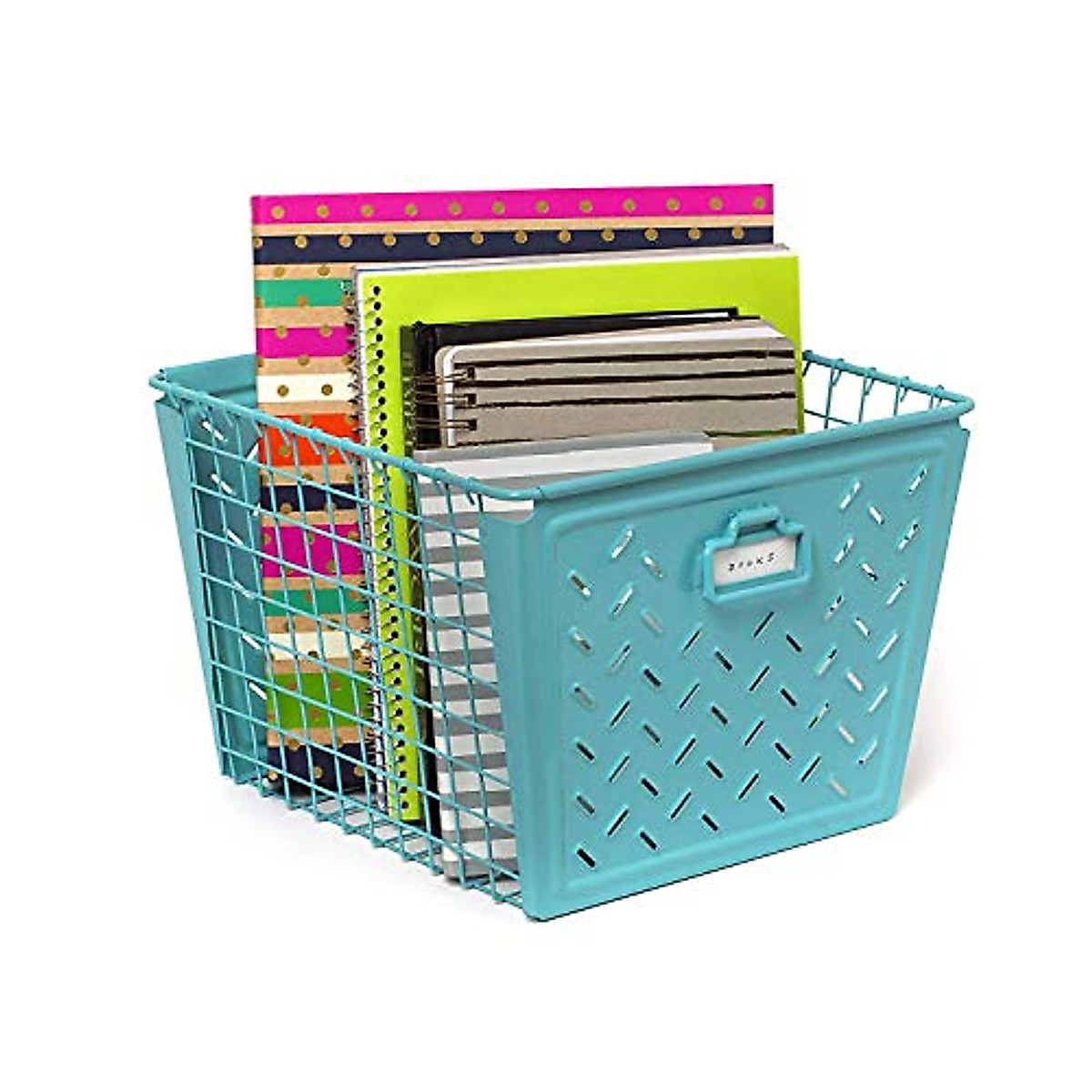 Spectrum Diversified Macklin, Stamped Steel & Wire Basket for Closet & Cubby Storage Vintage-Inspired Design with Customizable Label Plate, Large, Teal