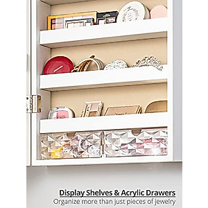 LUXFURNI Mirror Jewelry Armoire Cabinet with Storage, Door Hanging/Wall Mounted Cabinet Organizer with Brush Holder, White