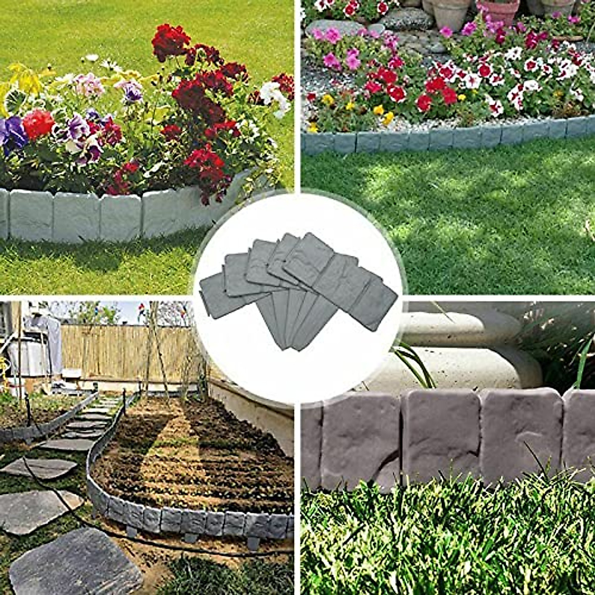 20 Pcs Simulation Cobbled Stone Folding Plastic Garden Border Fence,Landscape Flower Bed Lawn Edging Landscape Gardening Accessories (Dark Grey)