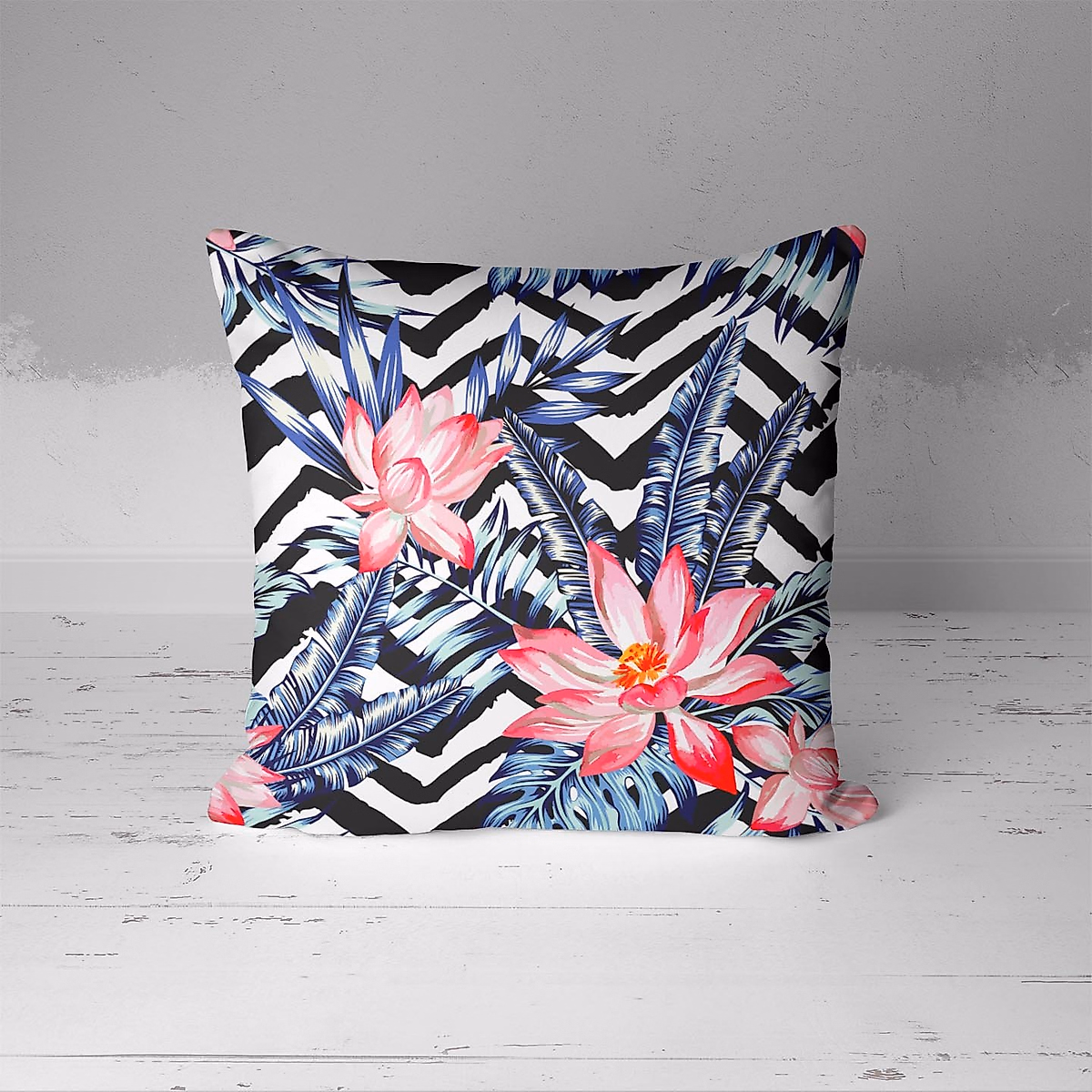 iiRov Summer Design Ink-Fuzed Decorative Throw Pillow - Vivid Tropical Chevron Floral v1