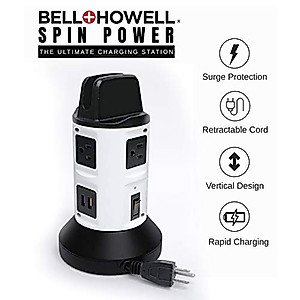 Bell+Howell Spin Power Strip Tower Surge Protector S/4-4 Outlets, 6 USB Ports, 40" Retractable Cord, 360° Rotation | Electric Charging Station with Built-in Phone Tablet Holder | USB Outlet Extender