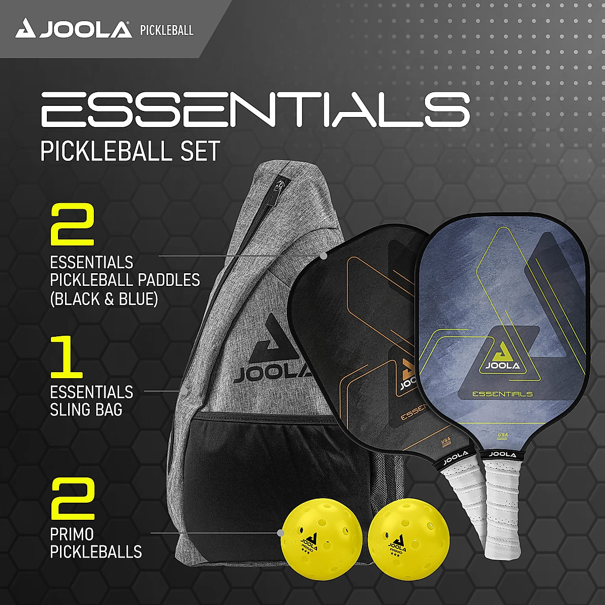 JOOLA Essentials Pickleball Paddles Set with Reinforced Fiberglass Surface and Honeycomb Polypropylene Core - Includes 2 Pickleball Rackets, 2 Pickleball Balls, and Sling Bag