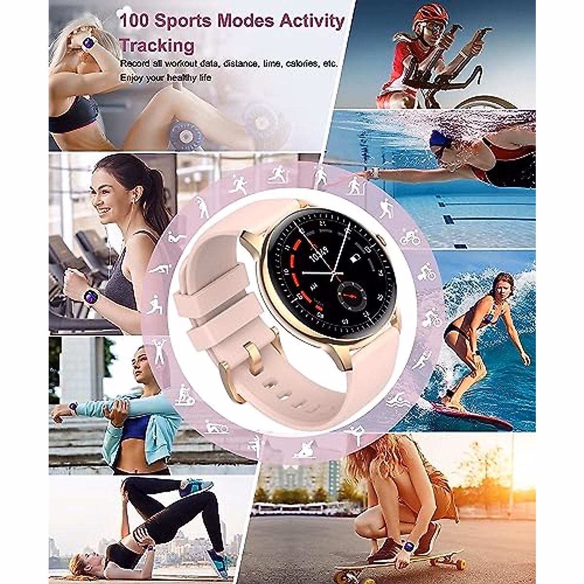 Holiday Smart Watch for Women (Answer/Make Calls), 1.3” HD Full Touch Screen Heart Rate/Sleep Monitor/Pedometer, 100 Sports 3ATM Waterproof Fitness Watch for Android iOS Phone