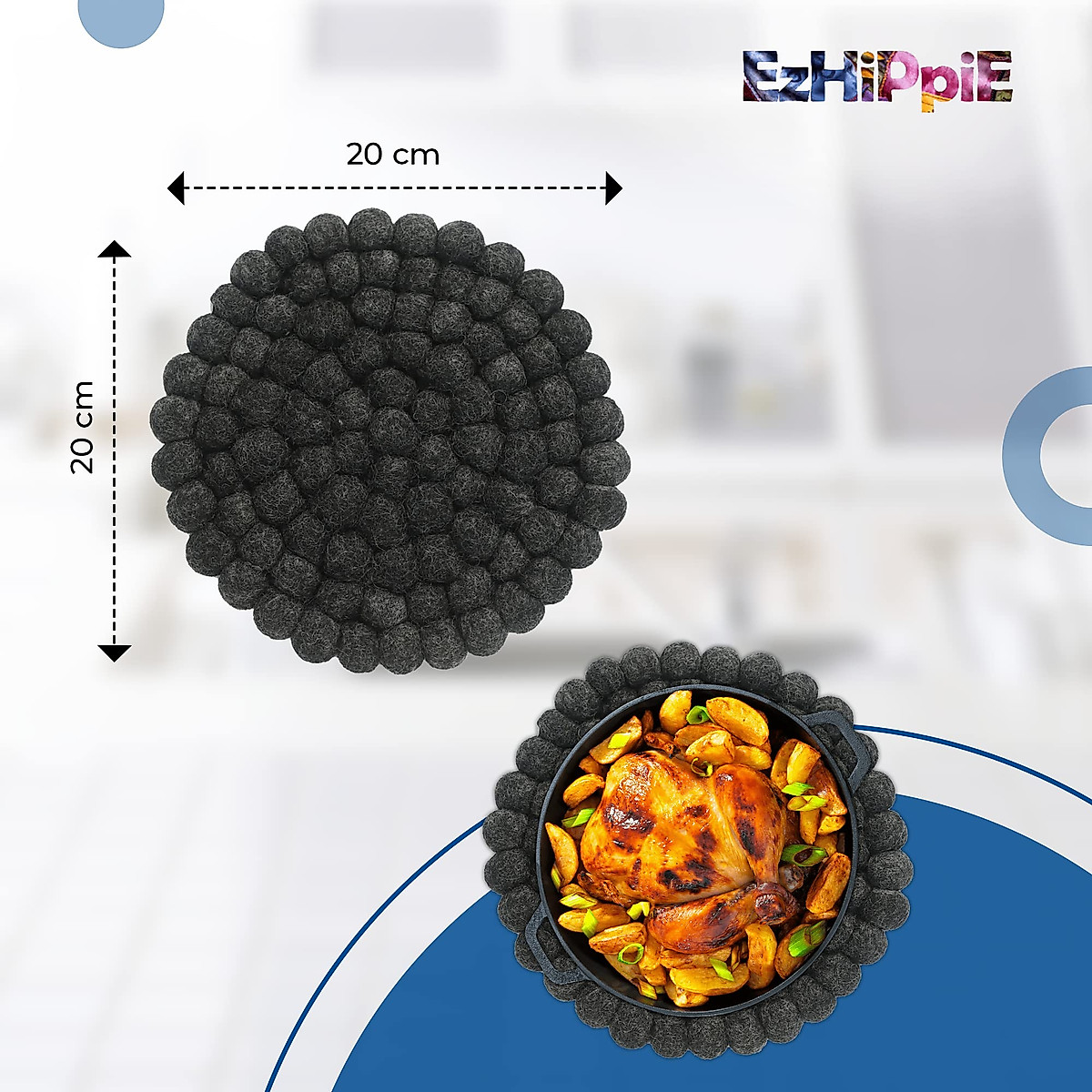 Ezhippie 20 CM Woollen Pot Trivet with Heat Resistance, Handmade Non Slip Pan Holder from Nepal, Trivets for Kitchen, Pots, and Pans Protect Tables and Worktops, Absorbent Felt Ball Pad, Round-1