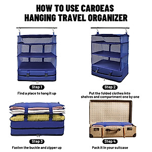 Caroeas Portable Hanging Travel Shelves Bag Suitcase Organizer Carry-on Closet Packing Cubes for Travel, 4-Shelf Suitcase Closet with 2 Hooks, X-Large Capacity, Blue
