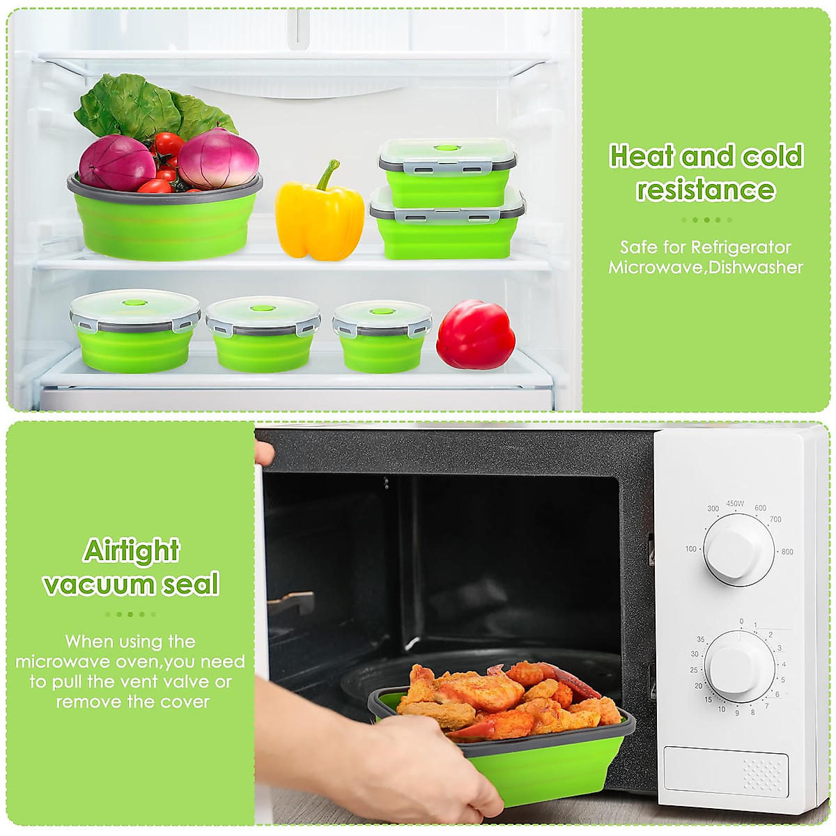 Dandat 16 Pcs Collapsible Food Storage, Silicone Food Storage Containers with Lids Including 8 Round Bowls, 8 Rectangle Bowls Collapsible Freezer Bowls Sets for Dishwasher (Green)