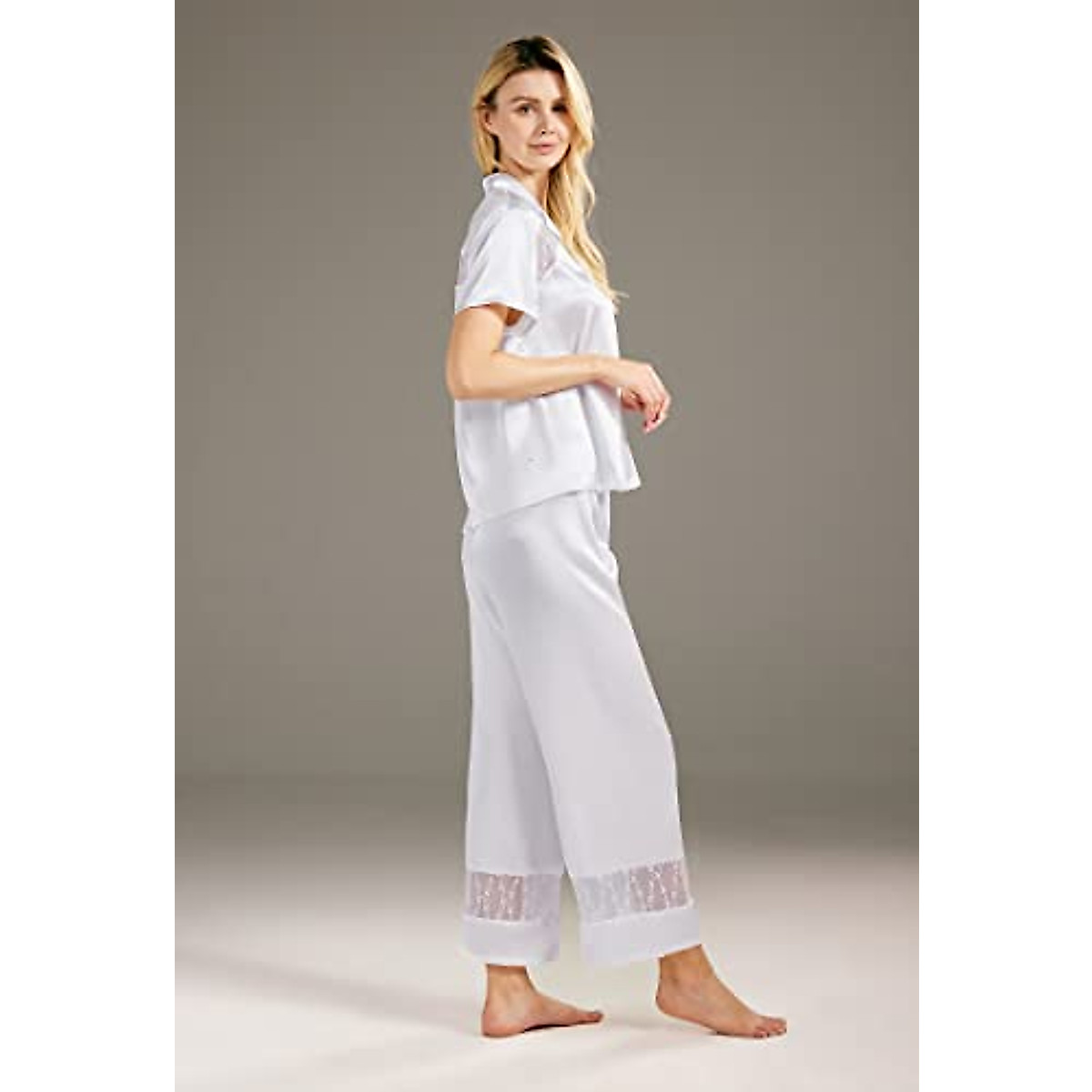 AW BRIDAL 2Pcs Sexy Womens Pajama Sets - Short Sleeve Silk Pajamas Long Pj Pants With Lace, Button Up Pajamas For Women, White, S| Clever Bridal Shower Gifts Bachelorette Gifts For Bride Pajamas