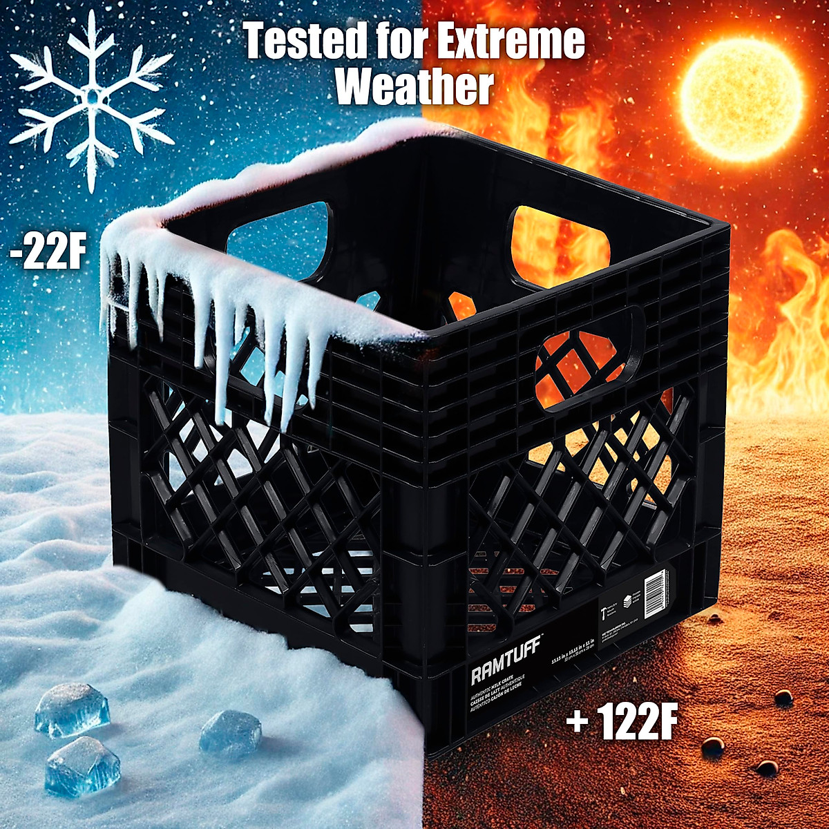 Ramtuff Milk Crate 4-Pack, Built Tough, 250lbs Load Capacity (BV Certified), Extreme Weather Tested -22°F to 122°F, Authentic Milk Crate dimensions 13" L x 13" W x 11" H