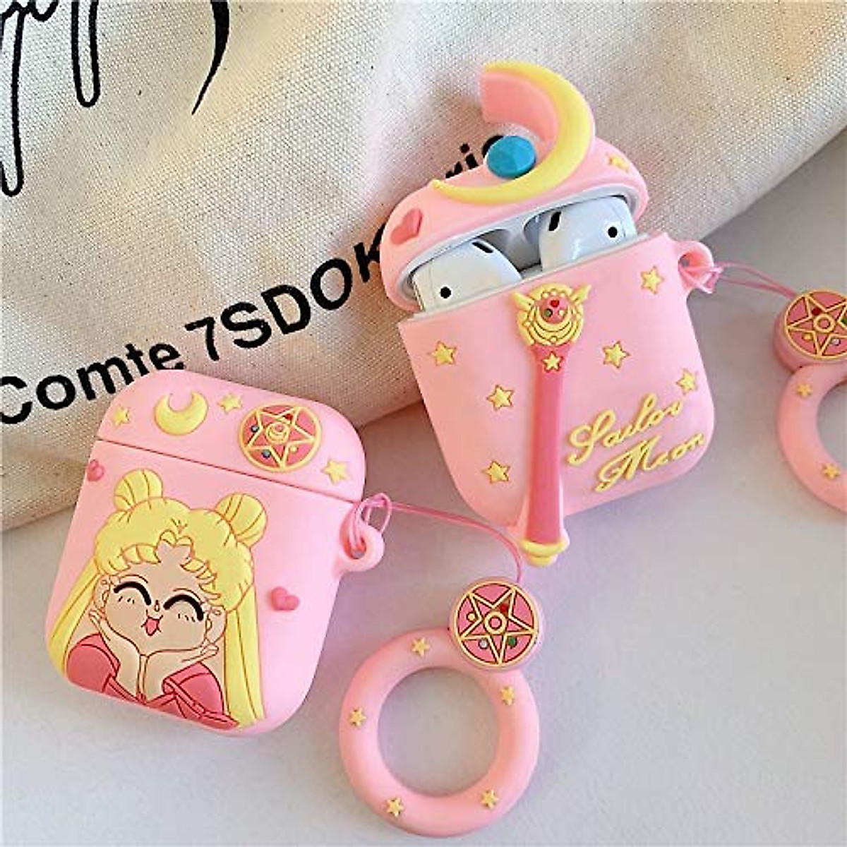 TanMay AirPods 1 & 2 Case Soft Silicone Pink Sailor Moon Crystal Wand Cover with Strap for Apple AirPods 3D Cartoon Magical Girl,Protective Cool Fun Cute Lovely Special Girls (Magic Wand)