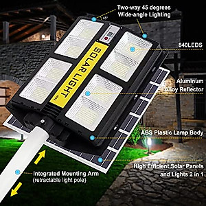 Solar Street Light Outdoor, Solar Security Lights Motion Sensor, 840LED Wide-Angle Super Bright Daylight White Solar Powered Flood Light for Yard, Fence, Garden, Patio, Front Door, Shed, Deck, Path