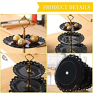 Potchen 9 Pcs Black Dessert Table Display Set Includes 6 Pcs Rectangle Cupcake Stand and 3 Pcs Round 3 Tiered Serving Tray Cake Gold