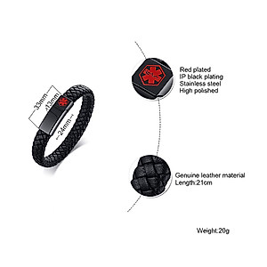 VNOX Custom Engraving Medical Alert Emergency Jewelry-Black Braided Leather Medical Symbol Caduceus with Stainless Steel Cuff Wristband Bracelet,8.2"