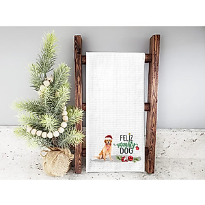 Studio 9Thirty3 Personalized Golden Retriever Feliz Naughty Dog Christmas Waffle Weave Kitchen Towel, 16"x24" (White Towel, No Name)