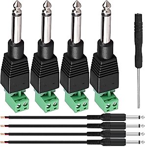 DKARDU 1/4 Inch Jack 6.35mm Mono Male Plug for Guitar/Speaker/Microphone Audio Cable, 2 Pole Terminal Female Solderless Screw Converter Adapter Replacement Repair Plug, 4 PCS