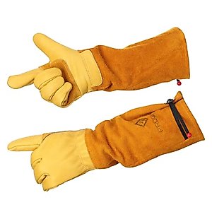 PROQUNQI Long Sleeve Gardening Gloves for Women & Men Thorn Proof Leather Rose Pruning Gloves with Adjustable Gauntlet Cuff (LARGE,YELLOW)