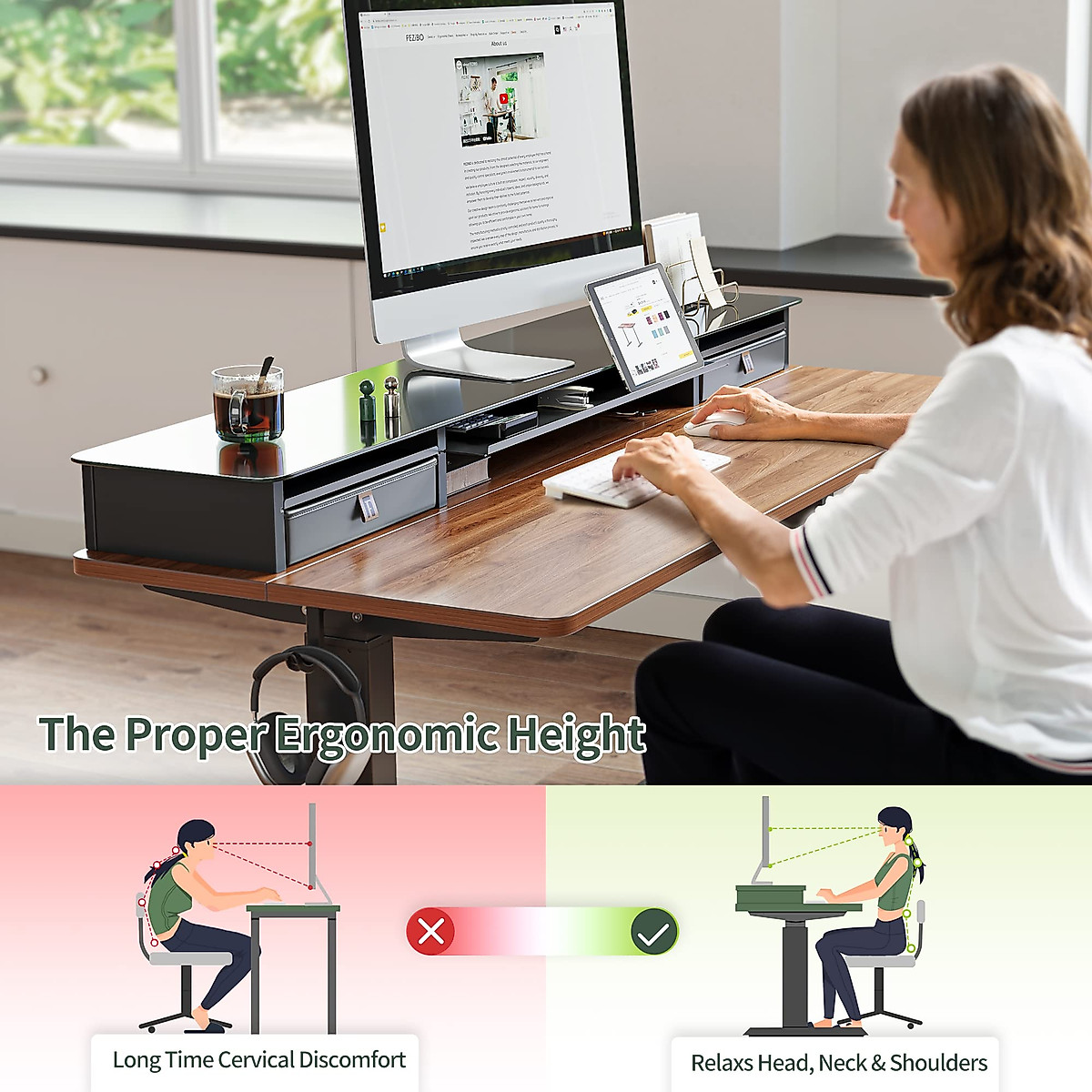FEZIBO Electric Standing Desk with Glass Top Monitor Stand,48 x 26 Inch with File Cabinet
