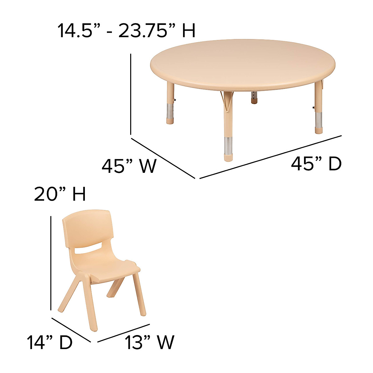EMMA + OLIVER 45" Round Natural Plastic Height Adjustable Activity Table Set with 2 Chairs