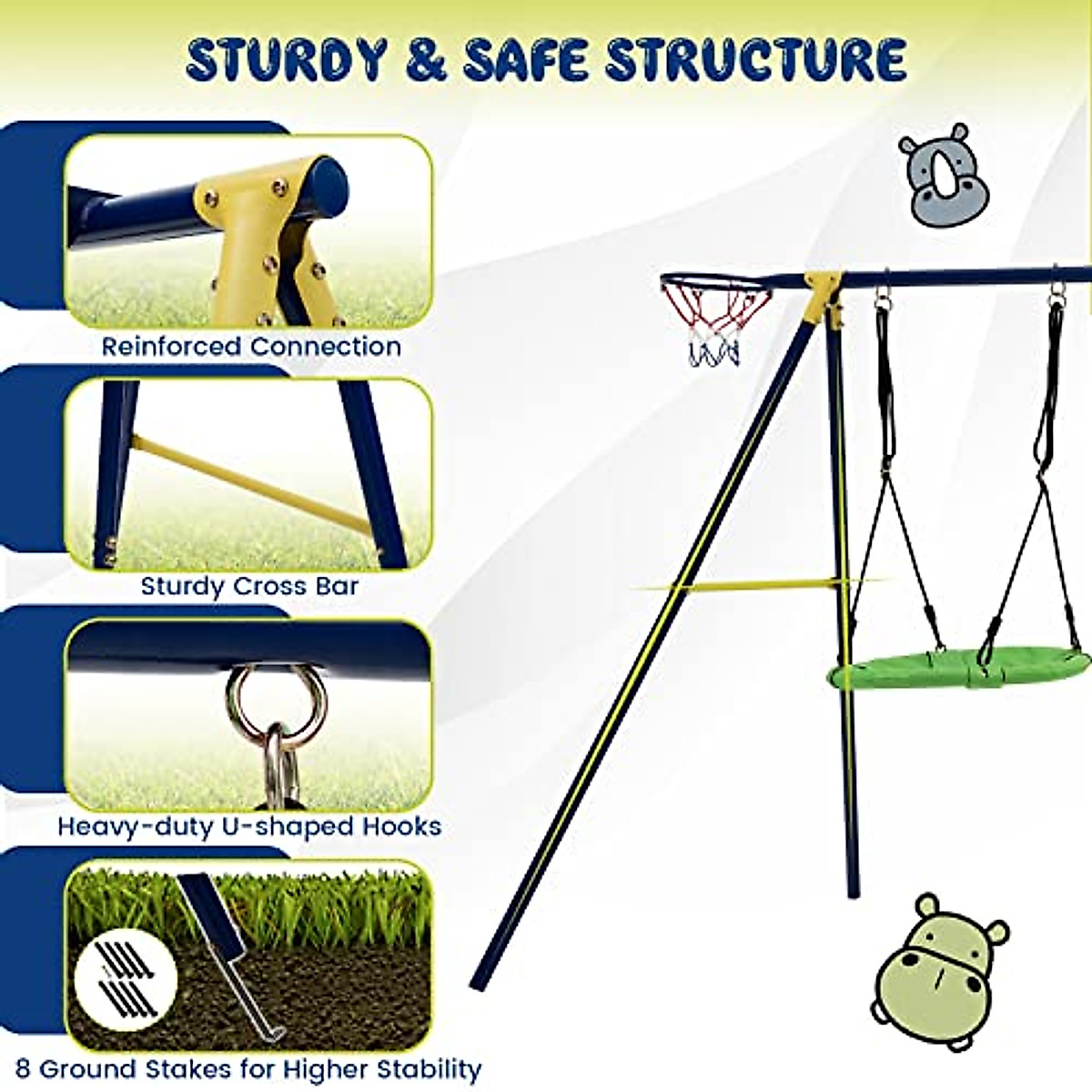 Costzon 660 lbs Swing Sets for Backyard, 7-in-1 Heavy Duty Extra Large Metal Swing Frame w/2 Swings, Glider, Gym Rings, Slide, Monkey Bar, Basketball Hoop, Play Equipment for Indoor Outdoor Gift Kids
