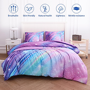 BQH Twin Comforter Set for Girls Galaxy Bedding 7pieces, Ombre Bedding Comforter Sets Rainbow Comforter, Glitter Bedding Twin Teen Comforter Sets for Girls (Twill Rainbow)