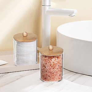 Tbestmax 4 Pack Qtip Holder, 10-Ounce Bathroom Organizer Accessories Storage Containers Clear Plastic Apothecary Jars with Bamboo Lids for Cotton Ball, Cotton Swab, Floss