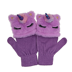 Newfancy Kids Girls Cute Glitter Unicorn Beanie Winter Hat and Glove Set Knitted Earflap Cap Flip Top Mitten Set Purple One Size