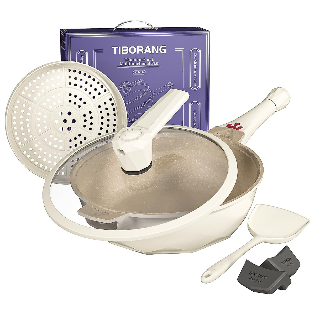 Tiborang 8 in 1 Frying Pans Nonstick,11" Frying Pan Skillet with Lid,Steamer for Cooking,All in One Pan Cookware for All Stoves,Woks & Stir-Fry Pans Nonstick,Saute Pan PFAS-Free/PFOA-Free(White)