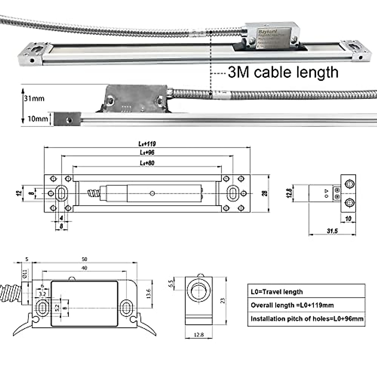 LCD Screen 2 Axis Digital Readout Display High Accuracy Magnetic Scale Encoder 1um Resolution 320mm and 5um Resolution 1020mm ((12"x40") for Lathe Machine