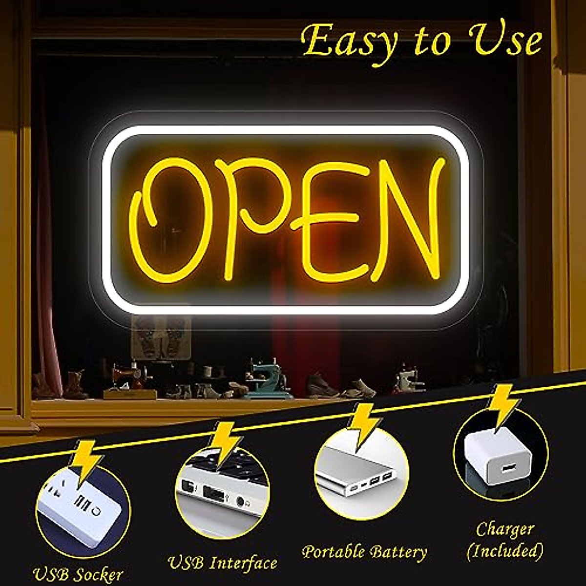 Neon Open Sign, Open Signs for Business, 16.5"x 8.4" Open Sign Led, Open Signs for Business Window With Adjustable Brightness, Open Neon Sign, Powered by USB with ON/OFF Switch