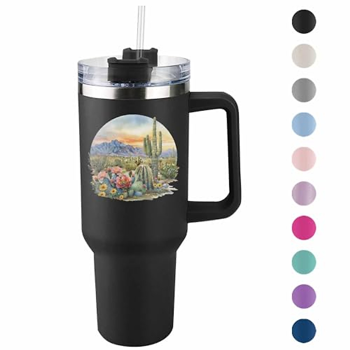 40 Oz Insulated Tumbler with Handle and Straw,Tropical Cactus Flower Mountain Stainless Steel Vacuum Insulated Travel Mug,Leak-proof Water Bottle Iced Coffee Cup,Desert Plant