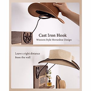 Cowboy Hat Holder for Wall with Shelf and 5 Hooks Western Cast Iron Hat Rack Rustic Wood Cowboy Hat Hanger for Entryway Closet Western Wall Decor Hat Hooks 25.6x11.8x6.5 in Men's Christmas Gift